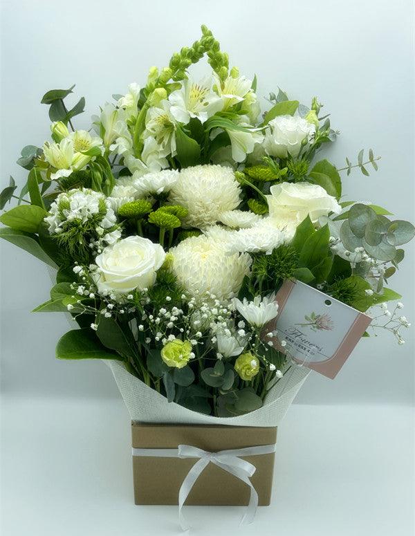 Elegant White & Green Flower Arrangement in Kraft Box