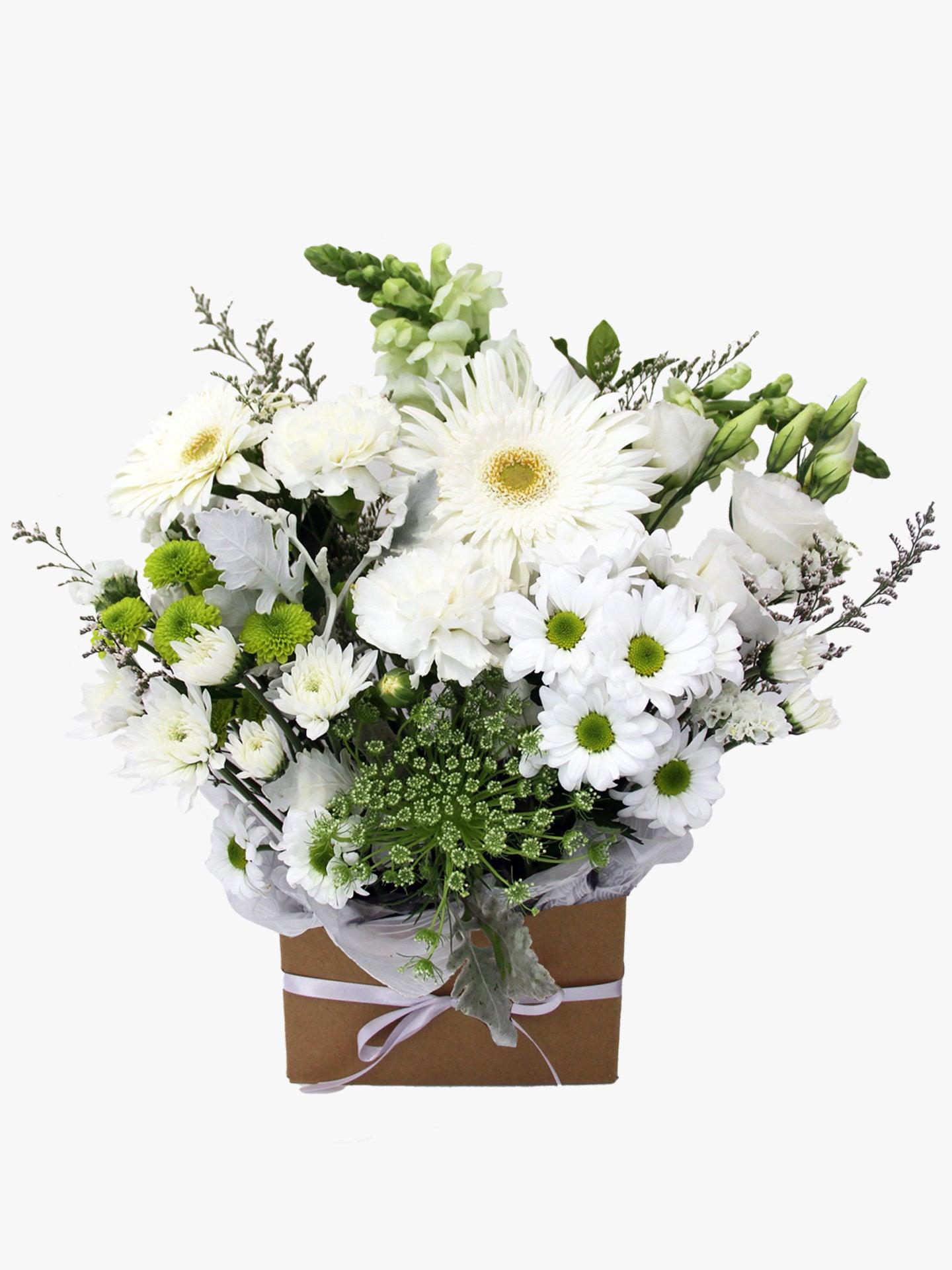 Elegant White & Green Flower Arrangement in Kraft Box